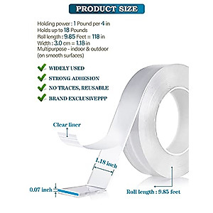 STUAKO® Double Sided Tape Heavy Duty, Removable Washable Reusable Gel Tape Strips for Kitchen, Living Room, Office,Car Decoration, Outdoor Use (9.85 FT x 1.18 in)