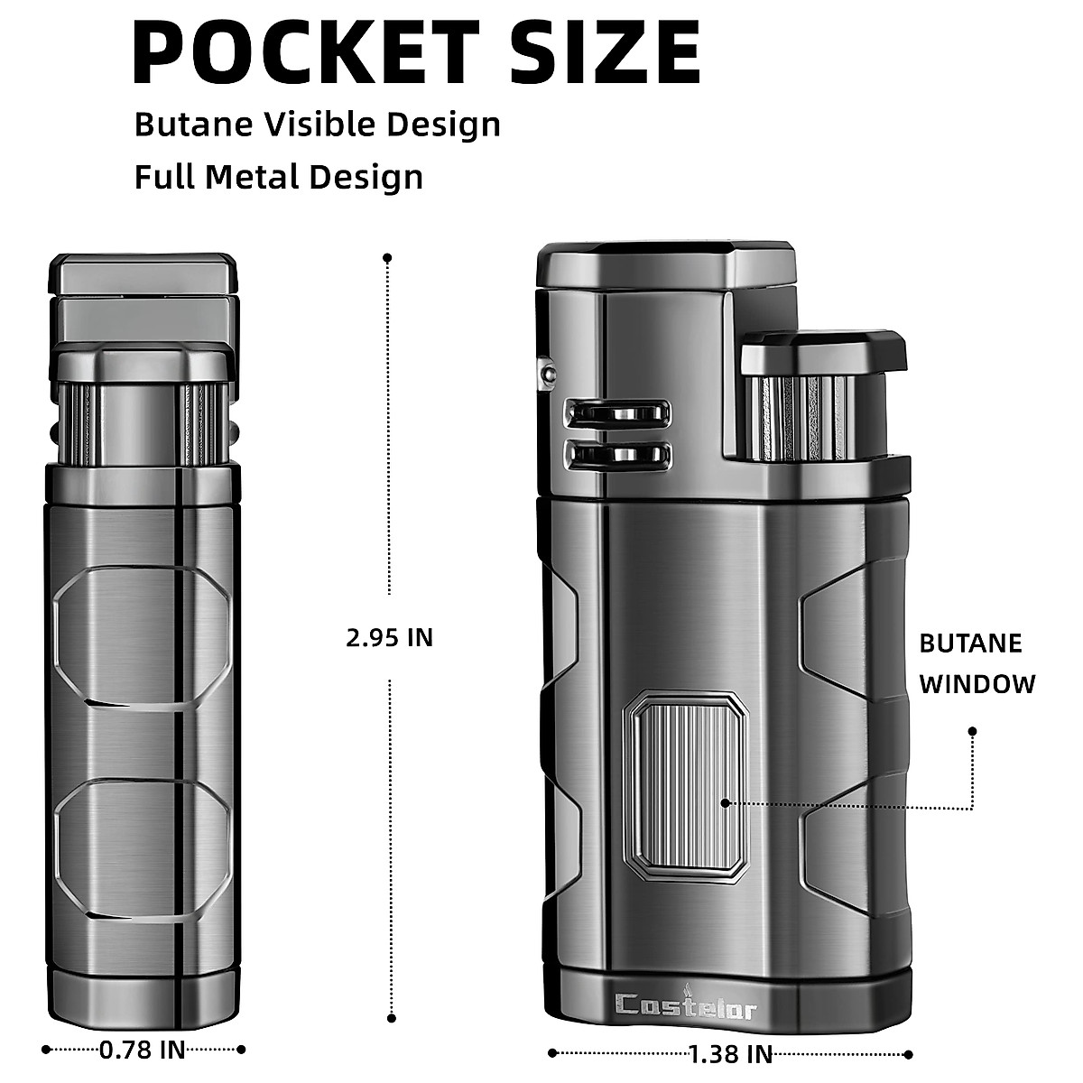 Castelar Cigar Torch Lighter Triple Jet Flame Butane Refillable with Cigar Punch Rest Holder - Butane Not Included