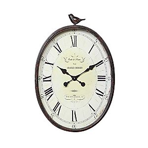 Oval Metal Wall Clock with Bird Ivory Vintage Bronze Finish