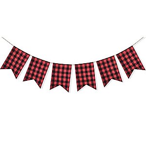 Uniwish Buffalo Plaid Banner Lumberjack Theme Baby Shower Birthday Party Decorations Garland Hanging Sign for Indoor Outdoor Events