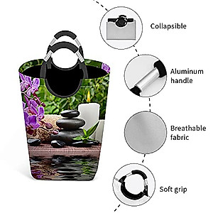 Wondertify Zen Basalt Stones Orchid Laundry Hamper Bamboo Black Pebble Rock Clothes Basket With Easy Carry Handles For Clothes Organizer Toys Storage