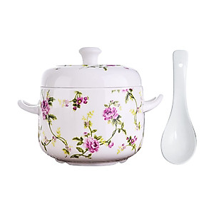 Hemoton Cereal Containers Ceramic Stew Pot with Lid Spoon Food Serving Bowl Kitchen Steaming Bowl Home Stockpot Steam Soup Bowl Steaming Cup for Home Kitchen Cereal Container