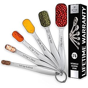 Zulay Measuring Spoons Set - 6 Piece Stainless Steel Measuring Spoons - Easy to Read, Etched Markings & Slim Design for Narrow Spice Jars - Heavy Duty Tablespoon Measure Spoon with Removable Clasp