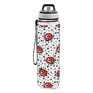 Wusikd Red Ladybugs Water Bottle Tritan BPA-Free Drink and Straw Leakproof Motivational Black Dot White Drinking Water Bottles with Carrying Strap for Office, Gym, Outdoor Sports