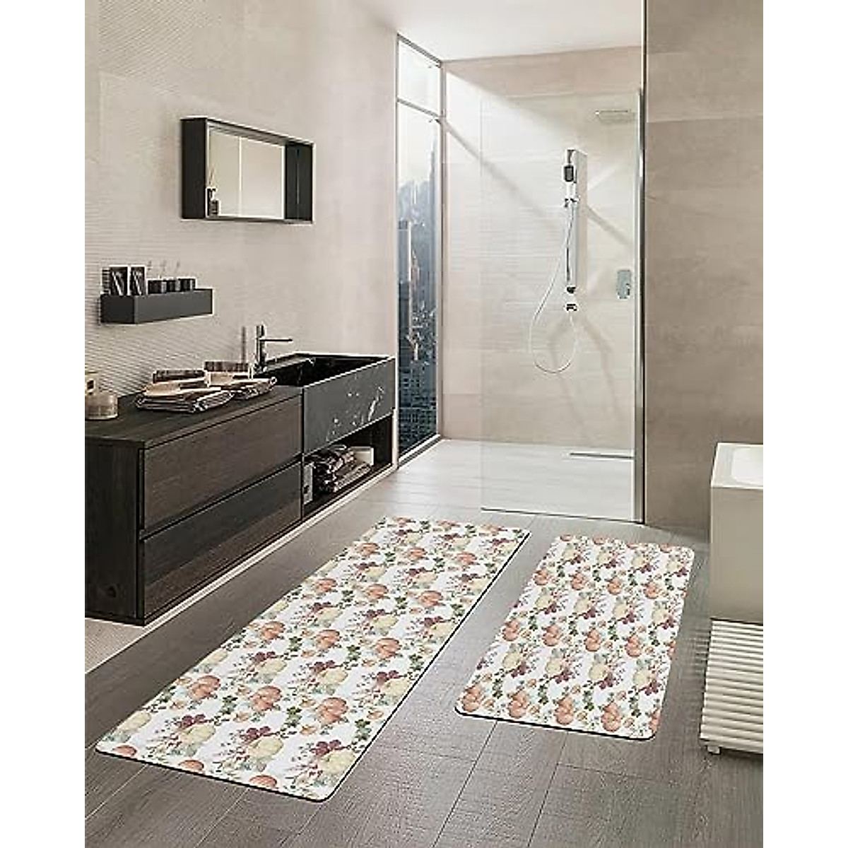 Harvest Pumpkins Bath Mat for Tub,Non Slip Bathroom Floor Runner Rug Quick Dry & Absorbent Diatomaceous Earth Shower Sink Kitchen Washable Doormat,Fall Autumn Thanksgiving Maple Leaves 16x24+16x47