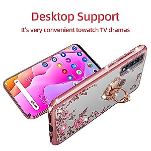KuDiNi for TCL 4X 5G (T601DL) Case, Alcatel TCL 20A 5G (T768S) Case for Women Glitter Crystal Soft Bling Butterfly Heart Floral Clear Protective Cover with Kickstand+Strap for TCL 4X 5G (Rose Gold)