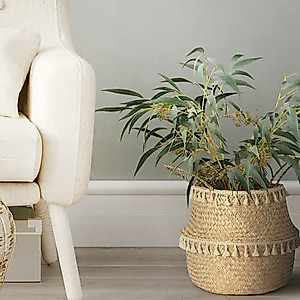 Artera Woven Seagrass Plant Basket - Wicker Belly Basket Planter Indoor with Plastic Liner and Handles, Natural Plant Pot for Fiddle Leaf Fig Tree, Snake Plant (XXL, Natural with Tassel Macrame)