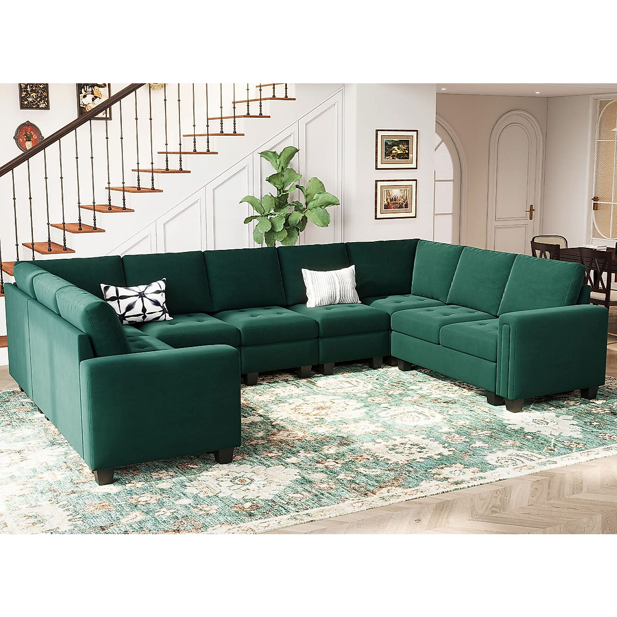 Belffin Oversized Velvet Modular 9 Seater U-Shape Sectional Sofa Set with Chaise Convertible sectional Sofa Couch Set Modular Couch Corner U Shaped Sectoional Sofa Green