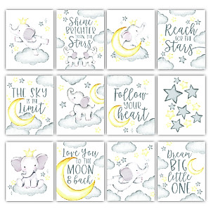 Hadley Designs 6 Reversible 8x10 Elephant Nursery Decor Wall Art Prints For Bedroom Posters, Baby Elephant Baby Shower Decorations For Wall Art Prints, Stars and Moon Nursery Decor