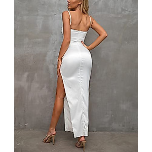 Women's Satin Spaghetti Straps Backless Ruched Bodycon Dress Slit Maxi Cocktail Elegant Dresses for Evening Party White