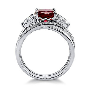 BERRICLE Sterling Silver 3-Stone Wedding Engagement Rings Simulated Ruby Cushion Cut Cubic Zirconia CZ Criss Cross Ring Set for Women, Rhodium Plated Size 7