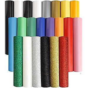 Iron on Vinyl Heat Transfer Vinyl 22 Pack Includes 16 Pack Assorted Colors Sheets and 6 Pack Glitter Sheets for T-Shirts Works with Cricut, Silhouette Cameo（10in x 12in）