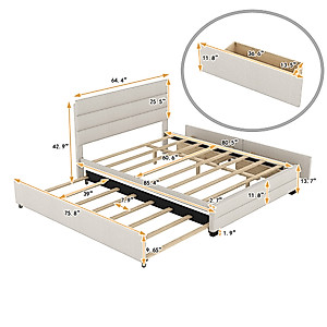 LCH Queen Size Bed with 2 Storage Drawers and a Twin Size Trundle, Upholstered Platform Queen Bed Frame with Tufted Headboard, Linen Fabric, No Box Spring Needed (Beige)