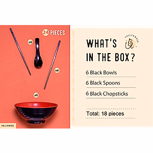 VALLENWOOD 6 Ramen Bowls, 18 pieces Pho set. Red Black Asian Japanese soup. Utensil: Spoons And Chopsticks kit. Melamine. Large 37 oz. Noodles, Rice, Udon, Thai, Chinese, Korean, Wonton, Miso