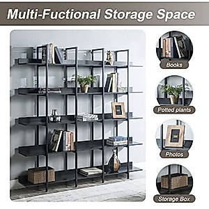 CALABASH Bookcases and Bookshelves Triple Wide 5 Tiers Industrial Bookshelf, Large Tall Bookcase Open Display Shelves with Metal Frame for Living Room Bedroom Library Home Office(Black)