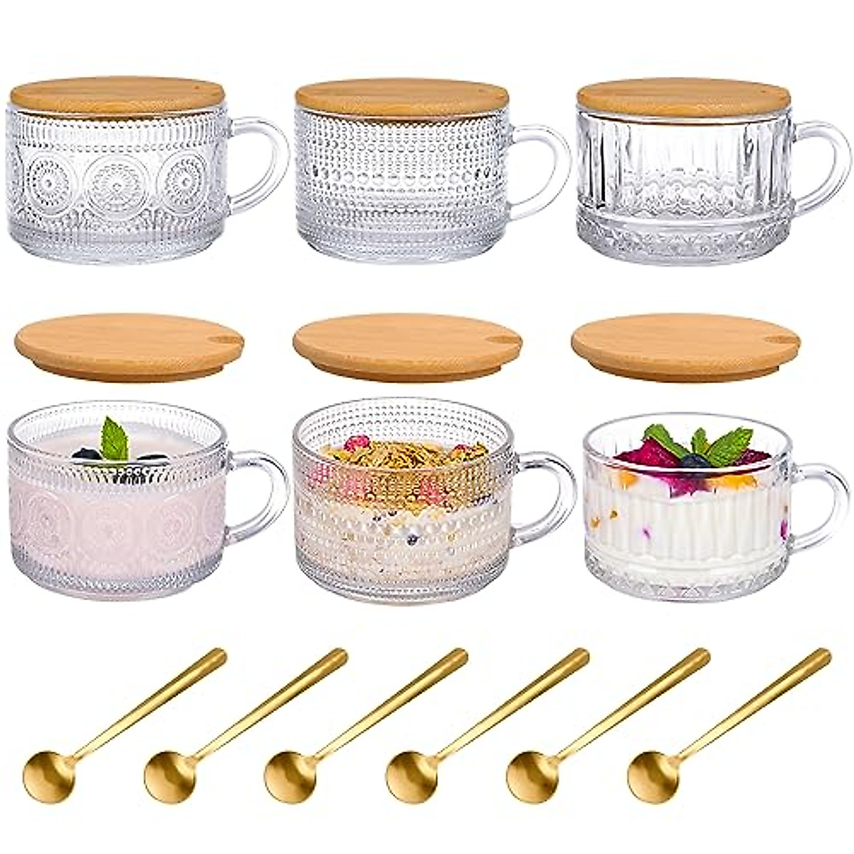 Moretoes 6pcs 14oz Glass Vintage Coffee Mugs Set, Glass Iced Coffee Cups with lids and Spoons, Clear Embossed Aesthetic Mugs Cute Drinking Glasses for Latte, Cappuccino, Oat