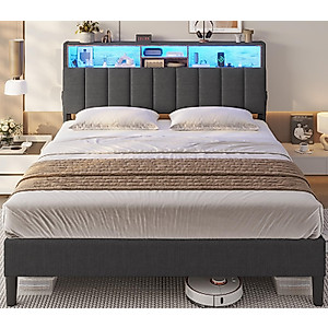 Tiptiper Full Size Bed Frame with LED Lights Headboard, Button Tufted Bed Frame Full with Outlets & USB Ports, Upholstered Bed with Storage, Dark Grey