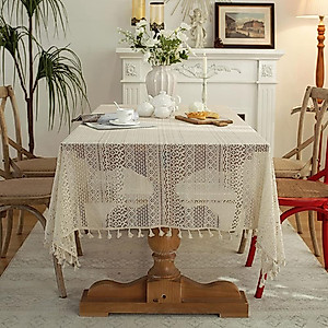 JAIJY Beige Embroidered Crochet Hole Tablecloth with Tassels, Boho Stripe Geometric Tablecloth for Party Birthday Dinning Table Cloth, Rectangular 59"x80"