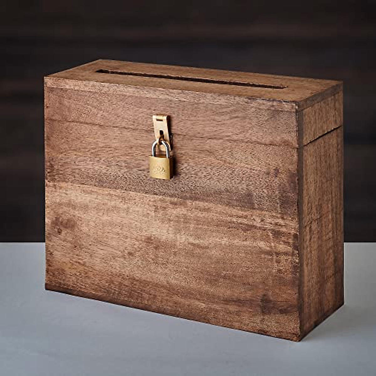 Wedding Card Box with Card Slit and Lock 12"X10"X4.5" Distressed Finish Gift Card Box Wishing Well Card Box for Weddings, Receptions, Birthdays, Graduations, Baby Showers, Honeymoon Funds (Walnut)
