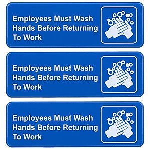 Excello Global Products Employees Must Wash Hands Before Returning to Work Sign: Easy to Mount Plastic Safety Informative Sign with Symbols Great for Business, 9"x3", Pack of 3 (Blue)