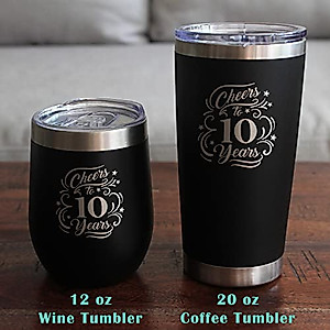 Cheers to 10 Years - Wine Tumbler Glass with Sliding Lid - Stainless Steel Insulated Mug - 10th Anniversary Gifts and Party Decor - Black