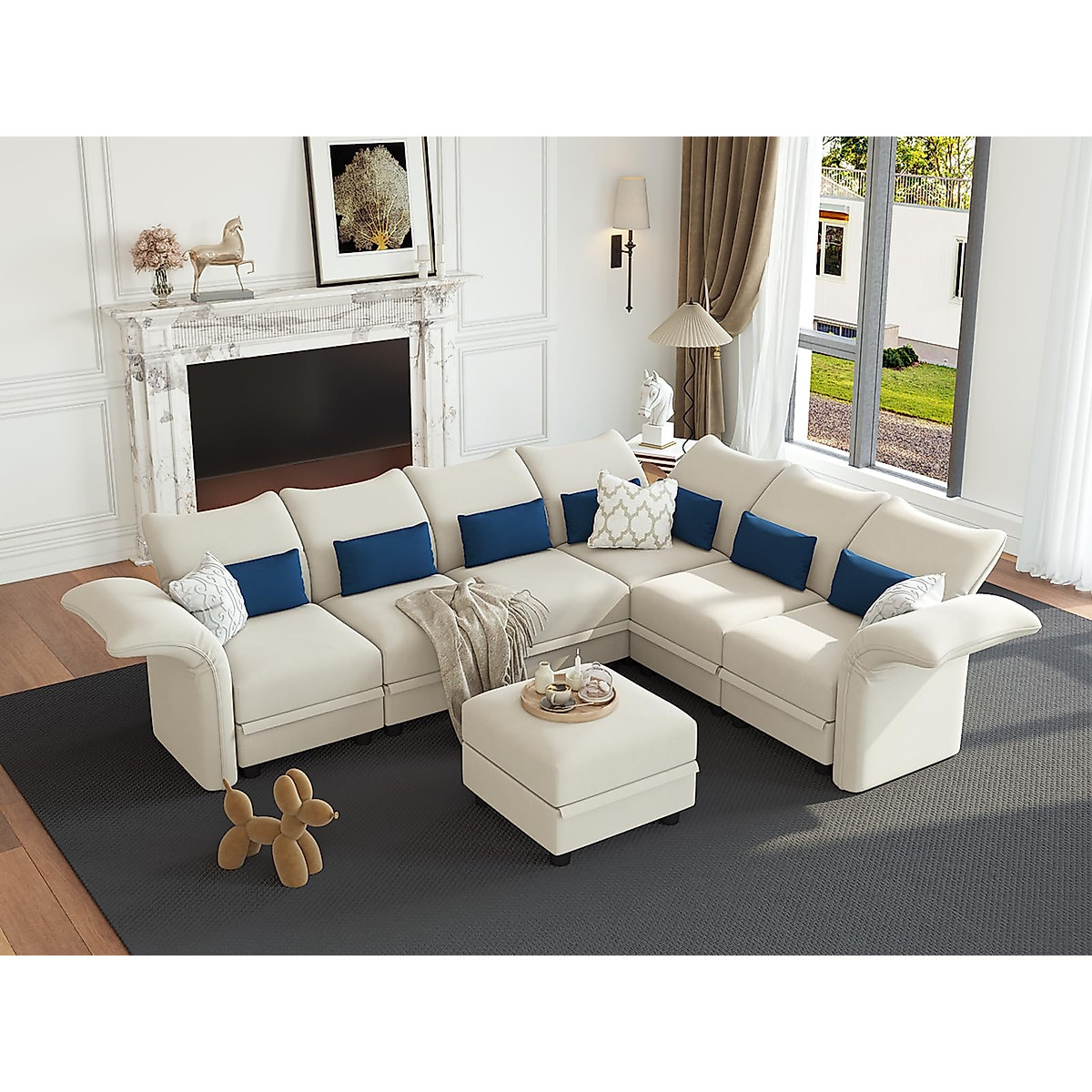 LLappuil Velvet Modular Sectional Sofa L Shaped Corner Couch with Storage Chaise, 127.8" 7-Seater Oversized Sofa with Ottoman, High Back Recliner Sleeper Couches, Anti-Scratch White