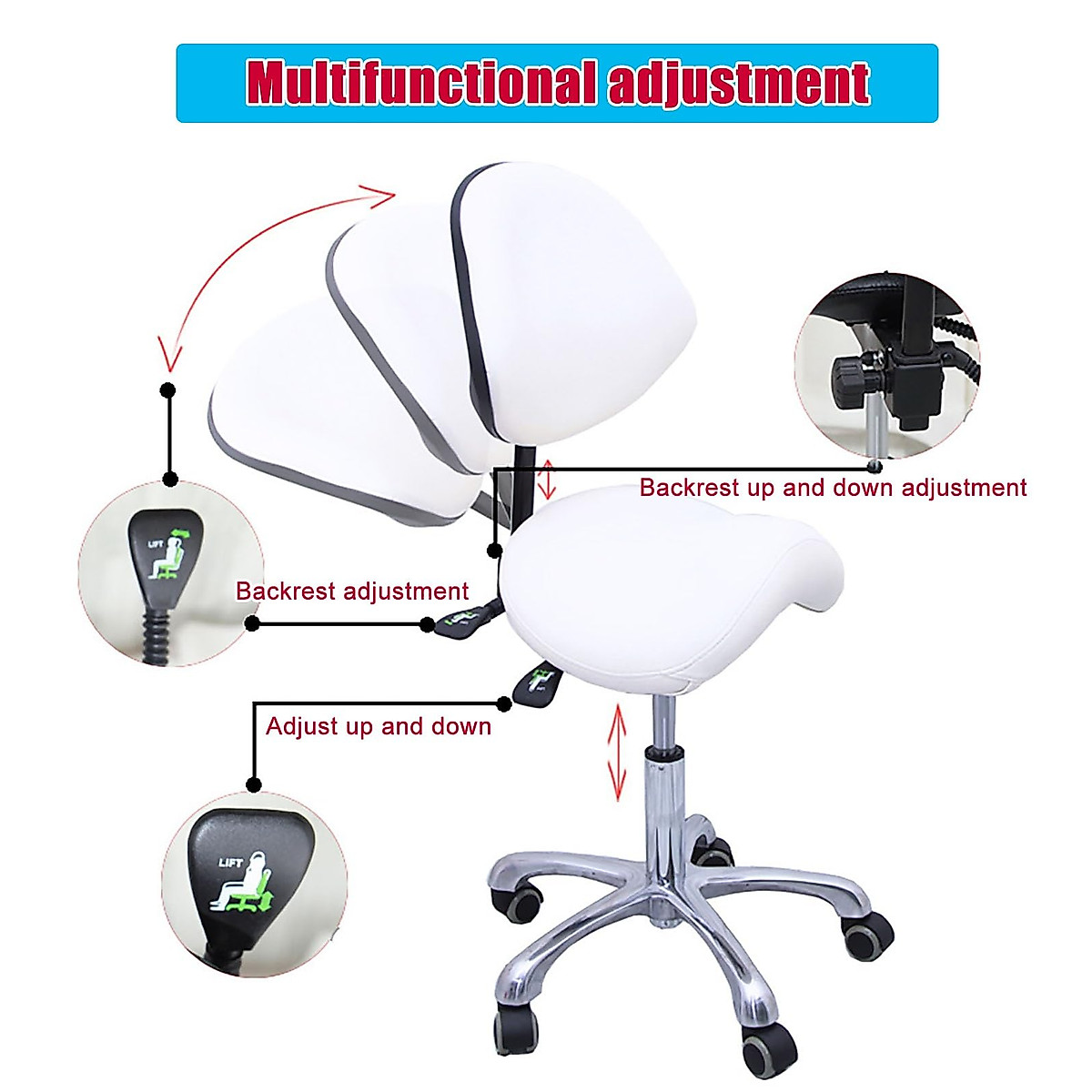 NUNETH Medical Dental Saddle Stool Chair White Black, Rolling Chair with Back Support, Ergonomic Salon Saddle Chair on Wheels with Hydraulic Lift (Color : White)