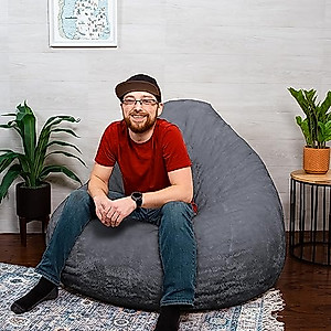 Big Joe Lotus Foam Filled Teardrop Bean Bag Chair with Removable Cover, Stone Short Shag, Soft Faux Fur, 4 feet Big