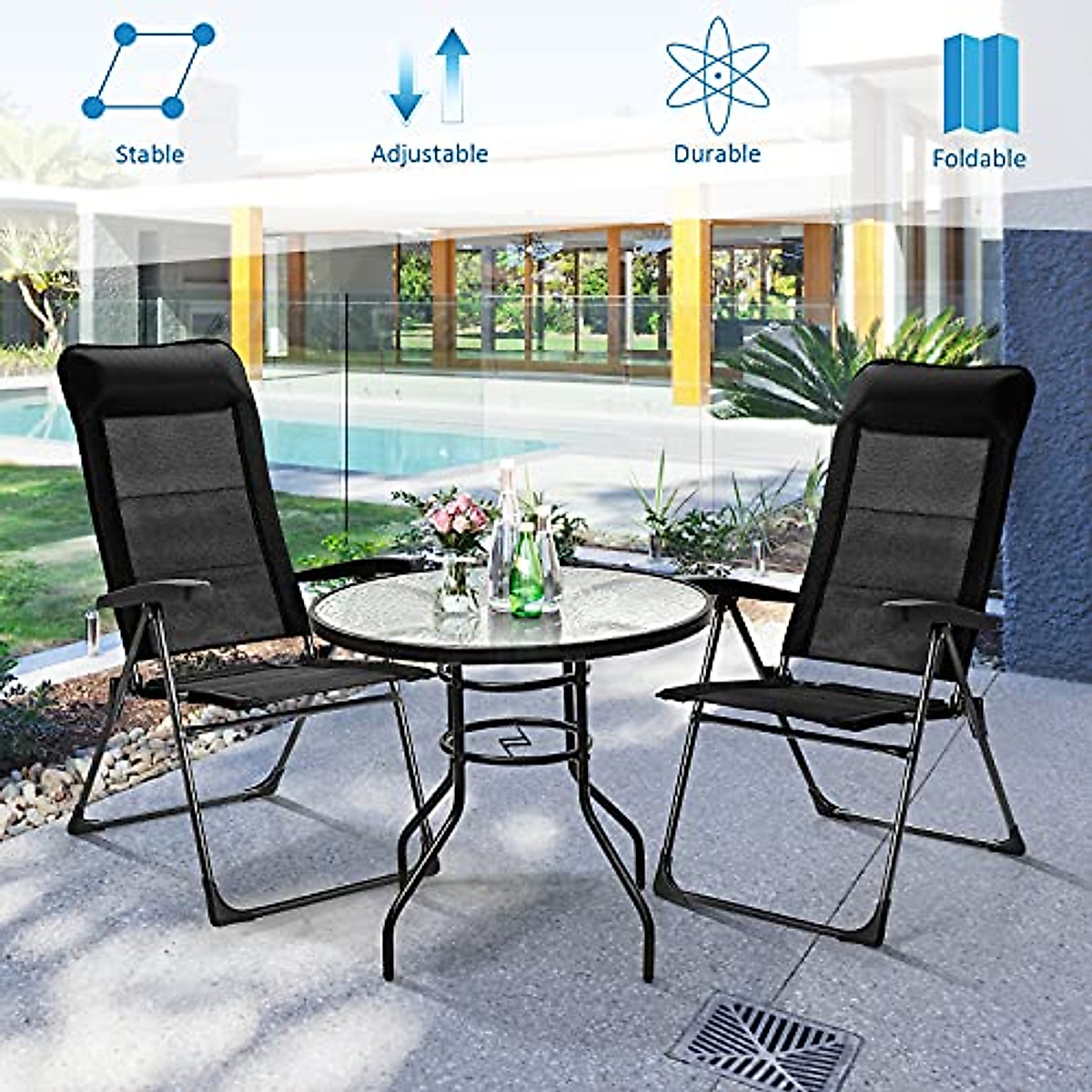 Tangkula 2 Pieces Patio Dining Chairs, Folding Portable Chairs with Adjustable Backrest, Outdoor Camping Chair Set with Armrests & Headrest, Set of 2 Outdoor Lawn Chairs for Yard, Poolside, Balcony