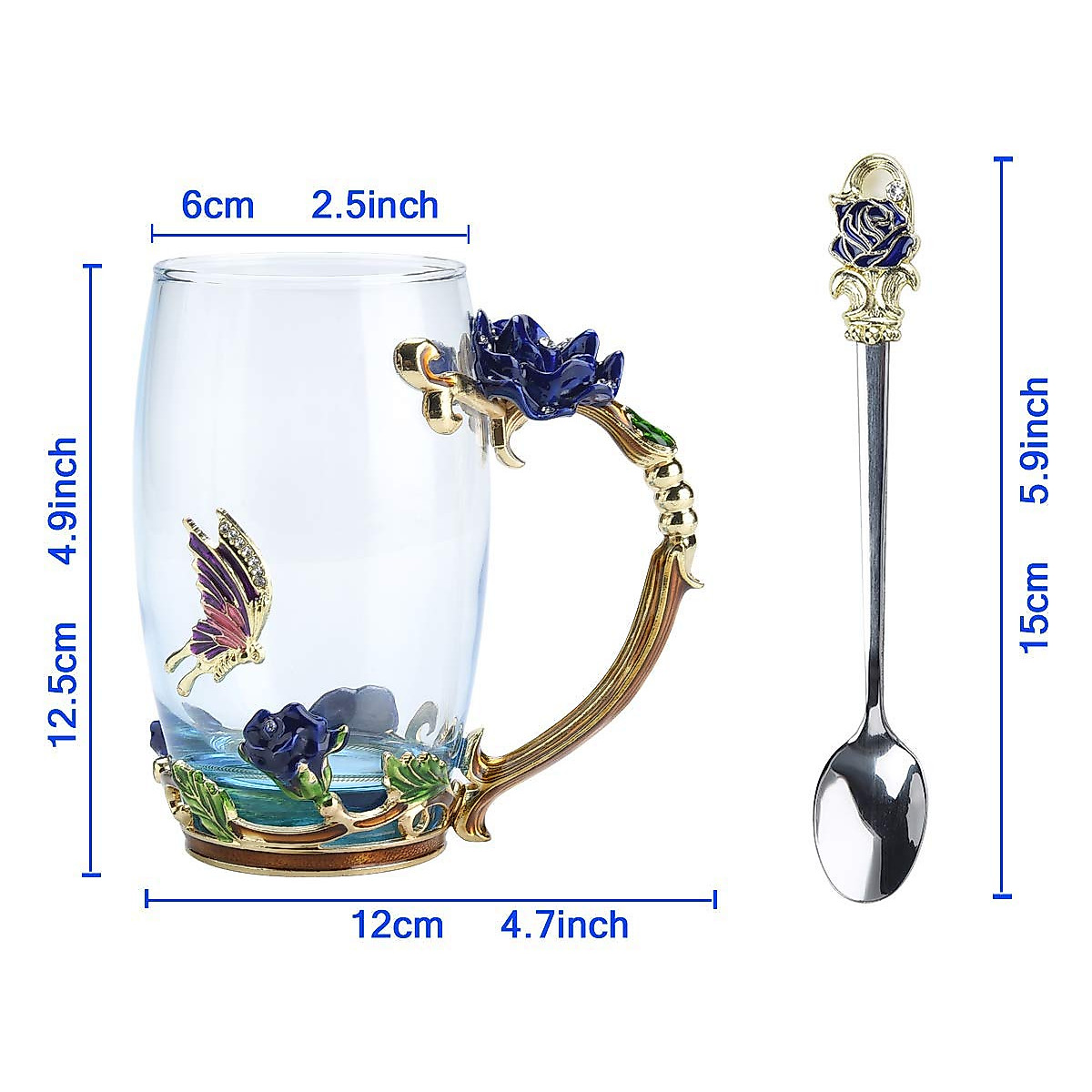 Tea Cup Coffee Mug Cups, Mother's Day Gifts, 13oz Handmade Rose and Butterfly Tea Mug with Spoon, Unique Gift for Women Mom Grandma Female Friend - Blue Tall