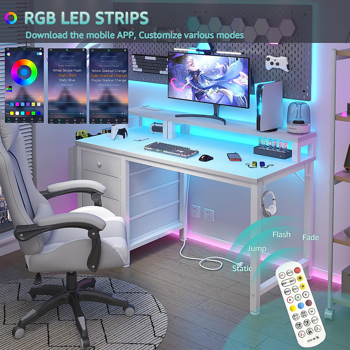 Lufeiya White Desk with 4 Drawers - 47 inch Gaming Desk with Monitor Stand, Computer Gaming Desk with LED Lights Power Outlets and Storage Bag Fabric Drawer for Home Office, Bedroom, White