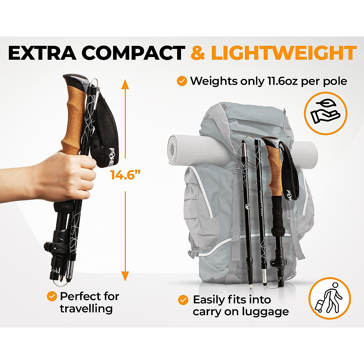 Foxelli Folding Trekking Poles – 2-pc Ultra Compact Hiking Poles for Men & Women, Lightweight Strong Aluminum 7075 Collapsible Foldable Walking Sticks with Flip Locks, 4 Season All Terrain Accessories