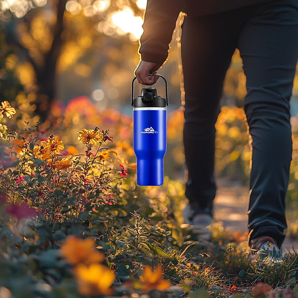 POPOACTI Insulated Tumbler,34 oz Stainless Steel Water Bottle, BPA-Free, Double-Walled Vacuum, Flip Straw for Travel, Keeps Drinks Hot & Cold for 12 Hours,For Travel, Gym & Office (Blue)