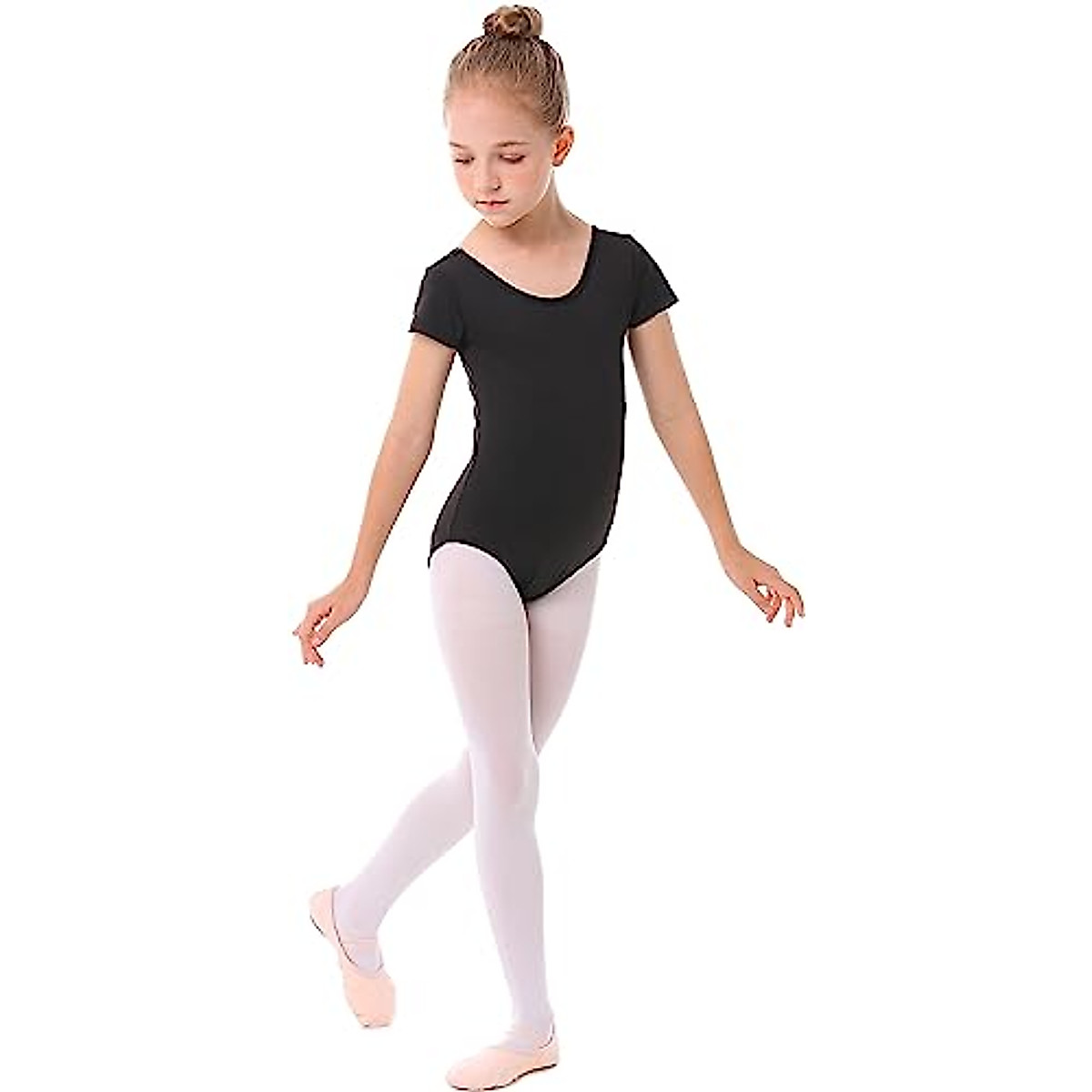 MdnMd Leotards for Girls Kids Dance Ballet Gymnastic Outfit Short Sleeve with Cross Back Detail (Black, Age 6-7)