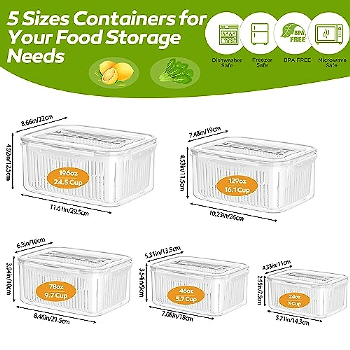 Fruit Storage Containers for Fridge - 10-Piece Kitchen Organizers Leak Proof Produce Saver and Veggie Storage Bins Set for Refrigerator, Plastic Airtight Food Storage Containers with Lids & Handle