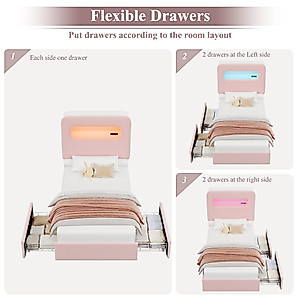 HOSTACK Twin LED Bed Frame with Storage Headboard and Charging Station, Girls Bed Frame with 2 Drawers and USB Ports, Velvet Upholstered Platform Bed Frame with Bookcase, No Box Spring Needed, Pink