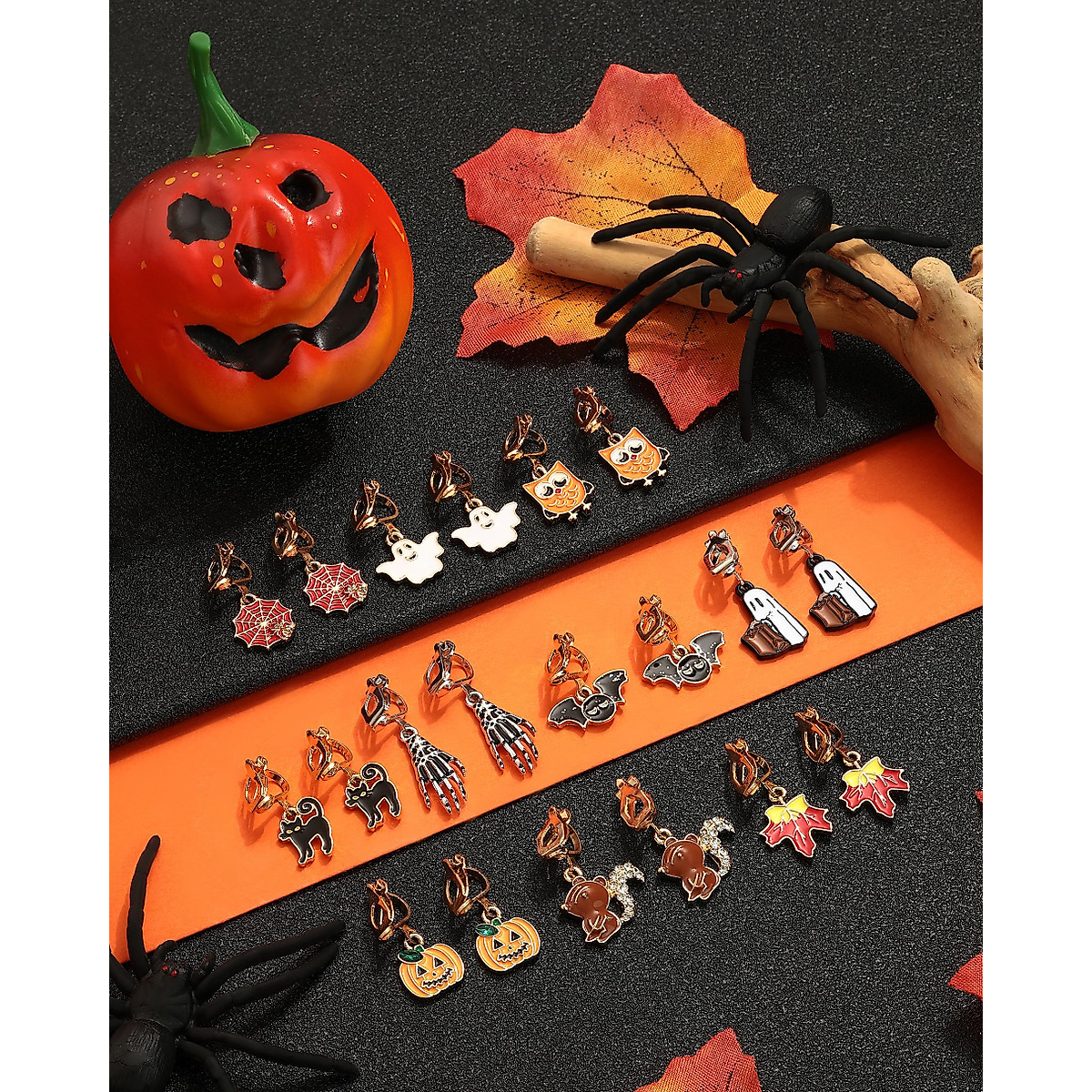 16Pairs Halloween Christmas Clip on Earrings Dangle for Women Teen Christmas Tree Snowflake Snowman Spooky Ghost Pumpkin Bat Cat Squirrel Maple Leaf Thanksgiving Fall Earrings Holiday Jewelry (Holiday Earrings)