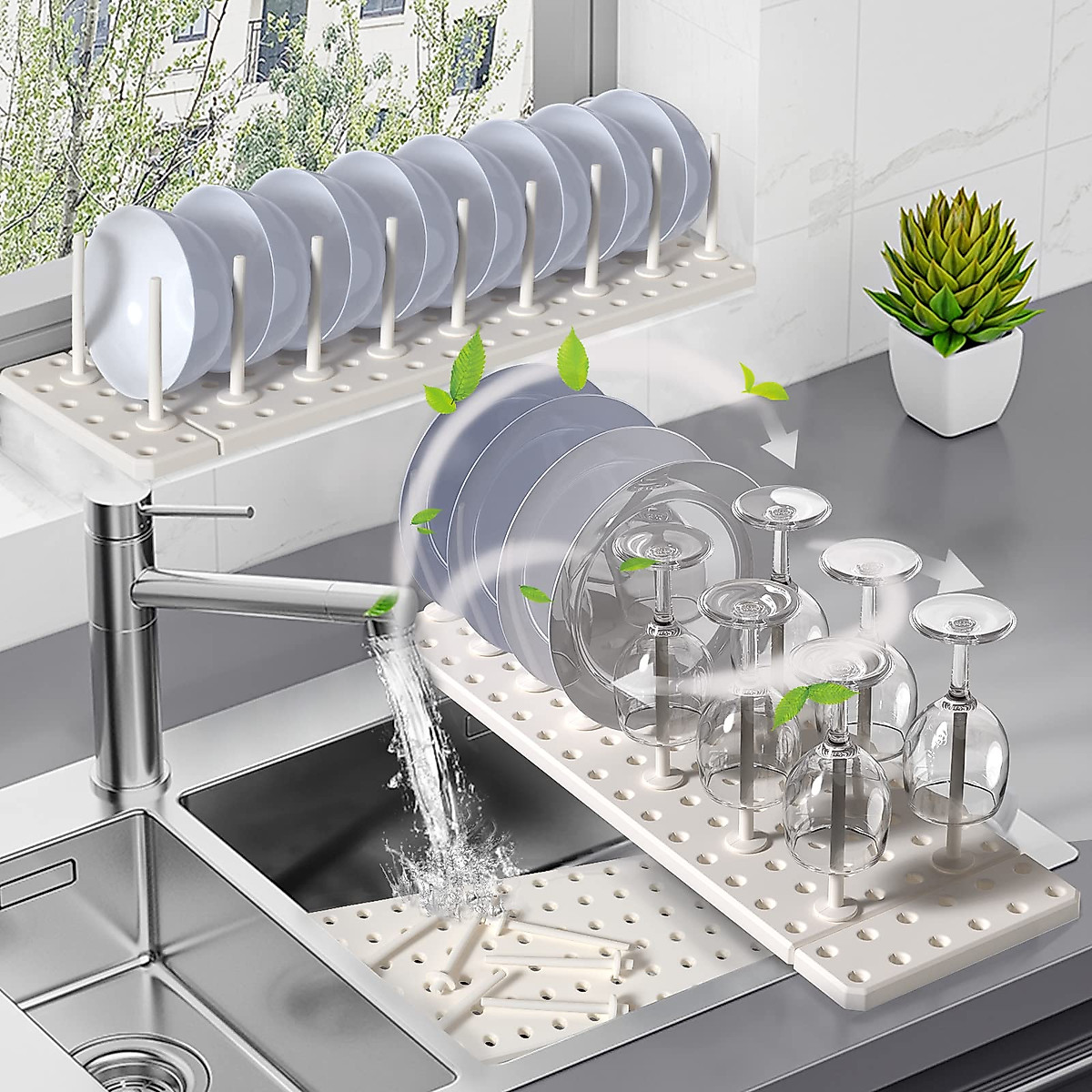 DANCELF Kitchen Cupboard Organization Drawer Organizer, Pegboard Tray for Dish Rack, Kitchen Organizer Plate Holder for Cabinets, Scalable Adjustment, 2Pcs, White