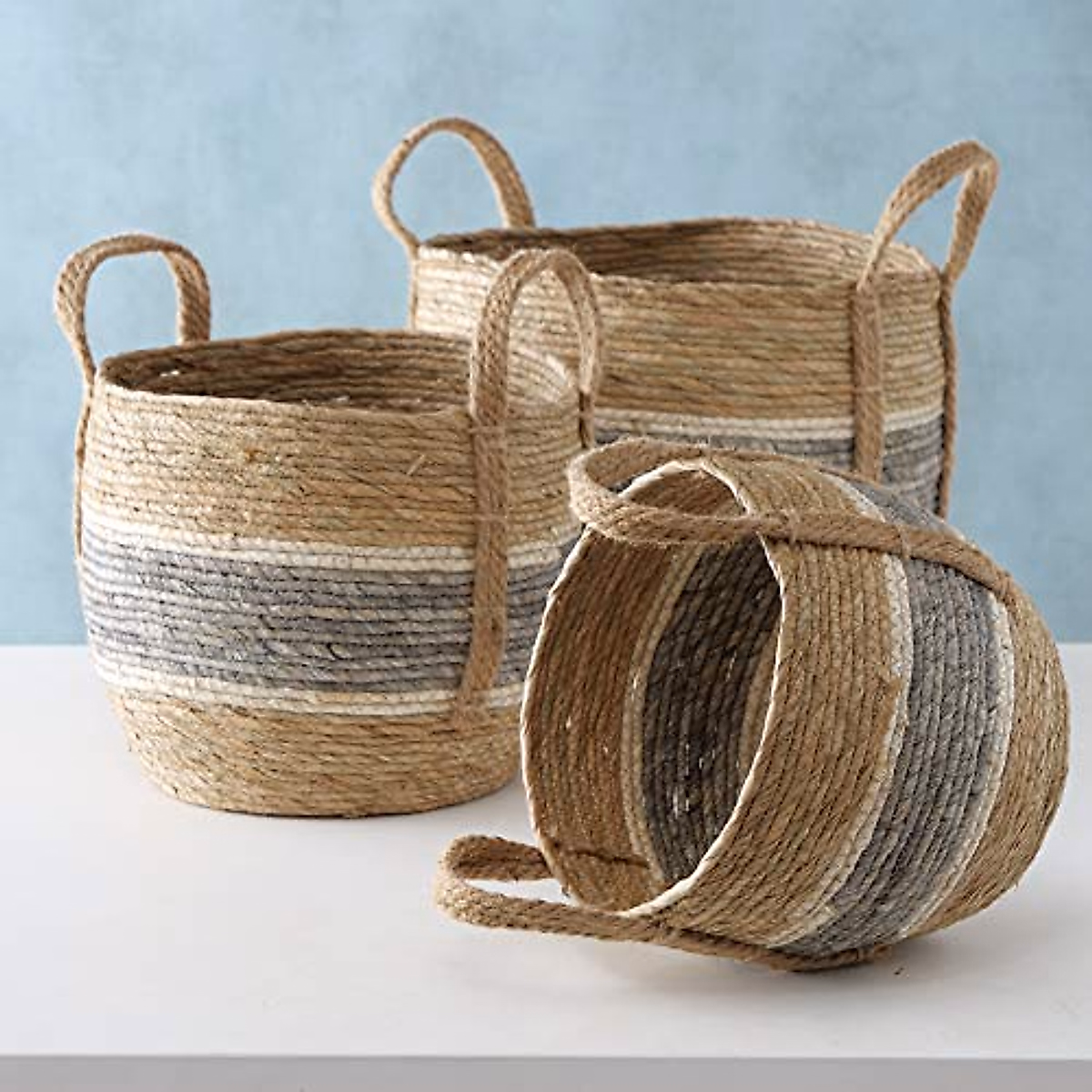 Coastal Grey Stripes 3 Piece Basket Set, Floor and Shelf Organizers, Corn Husk Wicker, Durable Chunky Rope Weave, Handles, Stitched, Reinforced, Rustic Home Decor, Round, 13, 11, 9 Diameter Inches