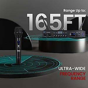 Pyle UHF Wireless Microphone System - Portable Digital Audio Sound Mixer Receiver w/Bluetooth, 2 Handheld Mic, Receiver Base, Addressable Frequency, Great for Home Karaoke & Professional Use, Black