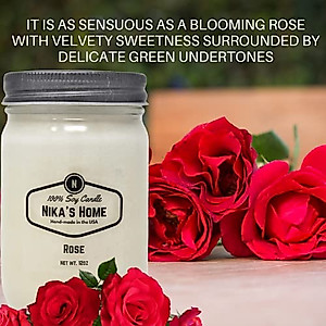 Nika's Home Rose Soy Candle 12oz Mason Jar Non-Toxic White Soy Candle-Hand Poured Candle- Handmade, Long Burning 50-60 Hours Highly Scented All Natural, Clean Burning Large Candle Gift Décor