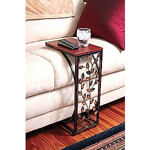 Sofa Side and End Table, Small - Metal, Dark Brown Wood Top With Leaf Design - Perfect for Your Living Room, Slides Up To Sofa / Chair / Recliner - Keep Snacks, Drinks Books & Phone At Easy Reach