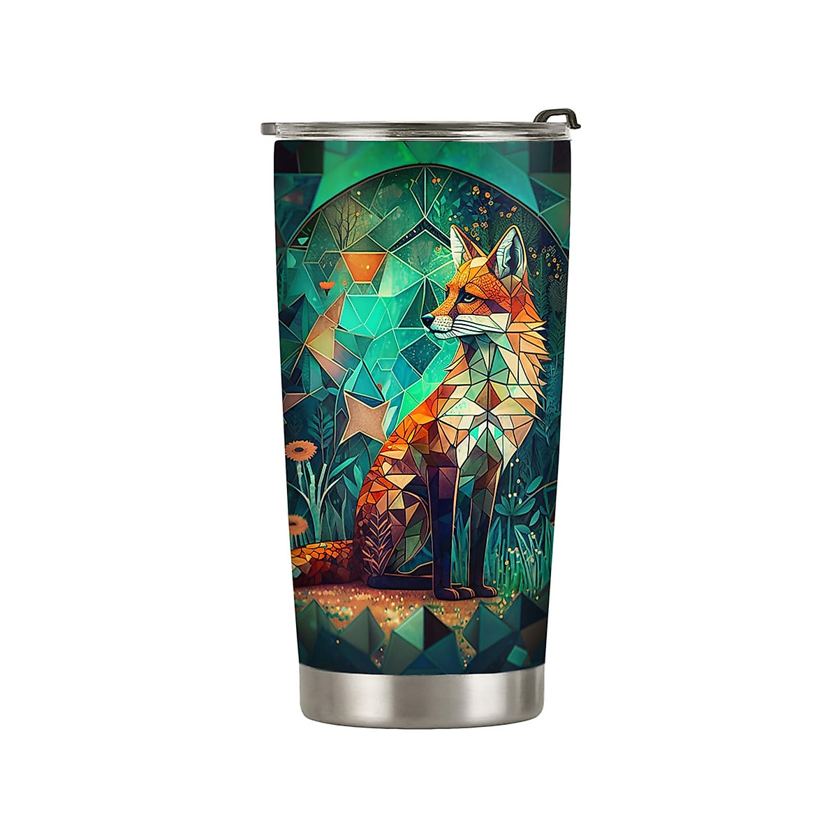 20oz Green Jade Stained Glass Crystal Mosaic Fox Tumbler, Gifts for Fox Lovers, Coffee Thermos for Women, Stainless Steel Double Wall Vacuum Insulated Coffee Mug, Travel Cup with Lid