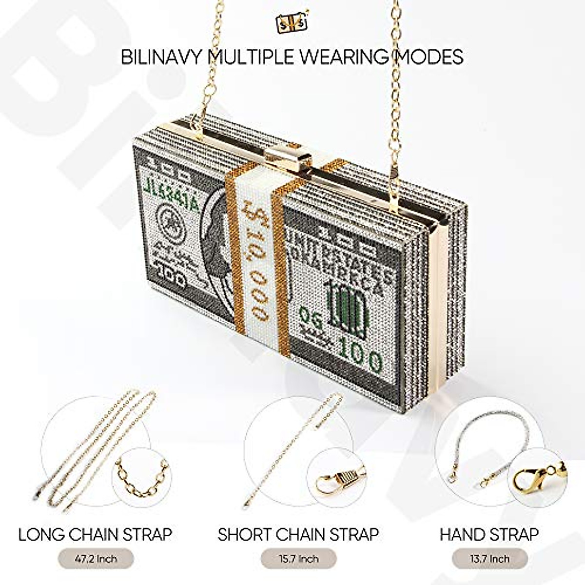 Money Clutch Purses for Women, Stack of Cash Dollars Crystal Clutch Purses, Women Diamond Evening Bags Party Cocktail Rhinestone Handbags, Wedding Dinner Bag, Grey