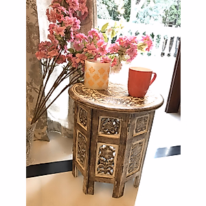 SAVON Small Rustic Wood Table Round White Side end Carved Indian Coffee Accent