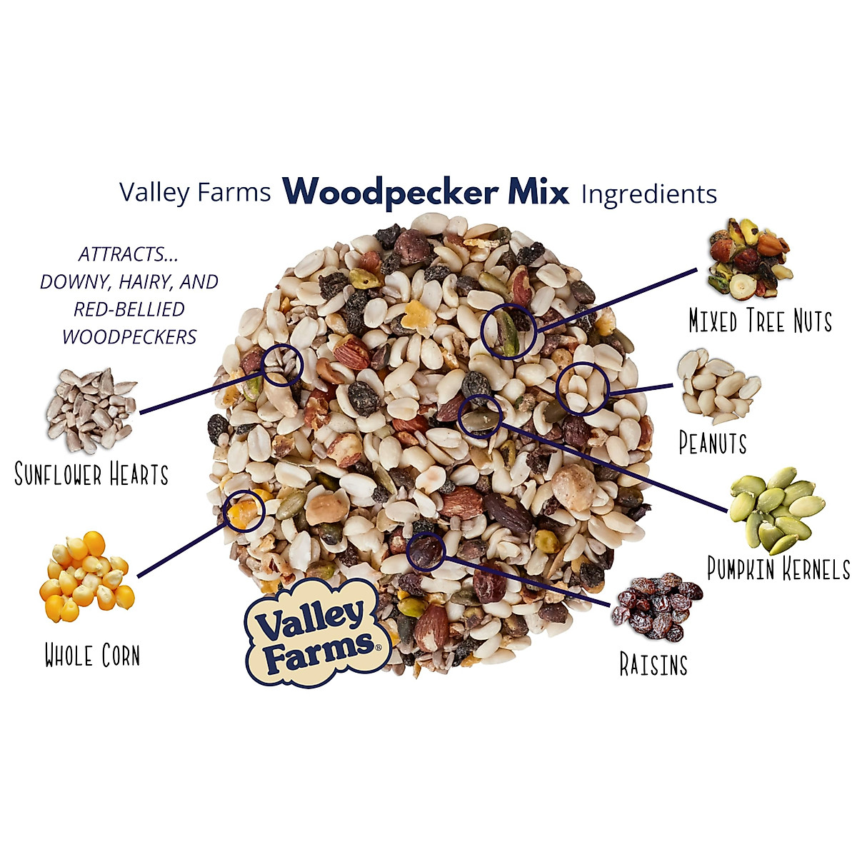Valley Farms Woodpecker Mix Wild Bird Food, No Mess Bird Seed for Outdoor Feeders, W/Peanuts and Sunflower Hearts for Birds, Woodpecker Food, Attract All Bird Species (4 LBS)