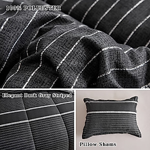 Flysheep 3 Pcs Boho Striped Comforter Set Twin Size for Kids, White Striped on Black Dark Grey Soft Microfiber Reversible Bedding Set for All Season