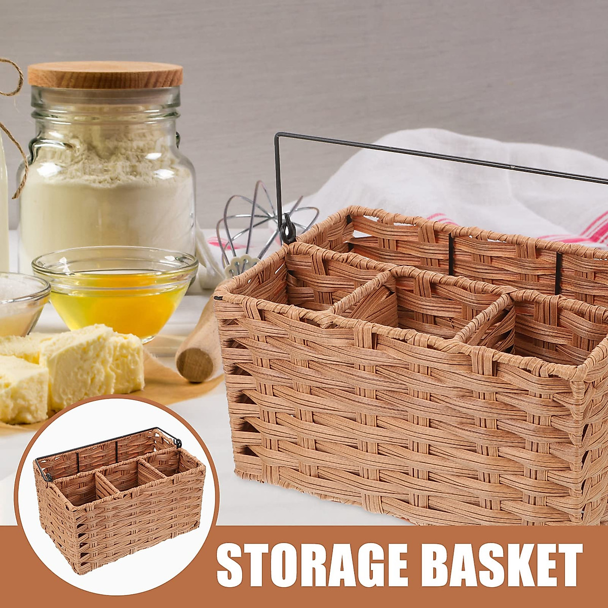 Zerodeko Utensil Basket Utensil Holder Cutlery Storage Basket Make up Iron Woven Basket Cutlery Holder Seagrass Baskets