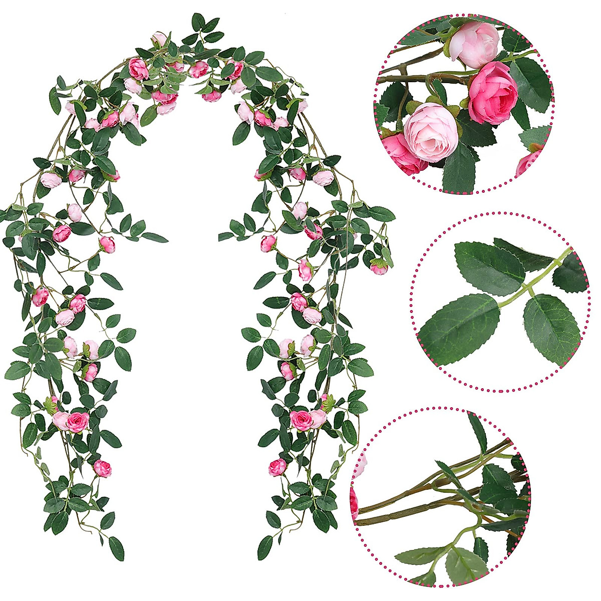 Whaline 54Pcs Rose Flower Garland Double Pink Fake Rose Vine Garland with Green Leaves 5.7ft Artificial Hanging Floral Garland Realistic Flowers String for Home Wedding Party Garden Craft Wall Decor