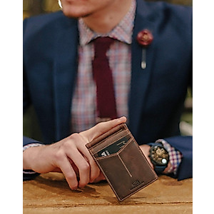 SERMAN BRANDS RFID Blocking Wallet Slim Bifold - Genuine Leather Minimalist Front Pocket Wallets for Men with Money Clip Gift (Texas Brown Rogue)
